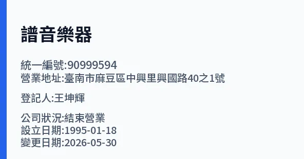 譜音樂器的照片-統編 90999594(臺南市) 公司登記資料與營業項目詳細圖表