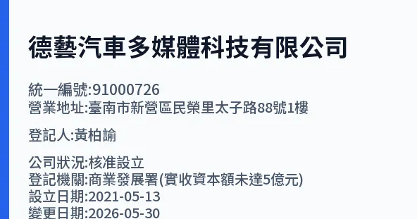 德藝汽車多媒體科技有限公司的照片-統編 91000726(臺南市) 公司登記資料與營業項目詳細圖表