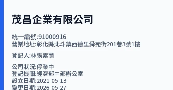 茂昌企業有限公司的照片-統編 91000916(彰化縣) 公司登記資料與營業項目詳細圖表