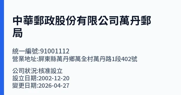 中華郵政股份有限公司萬丹郵局的照片-統編 91001112(屏東縣) 公司登記資料與營業項目詳細圖表