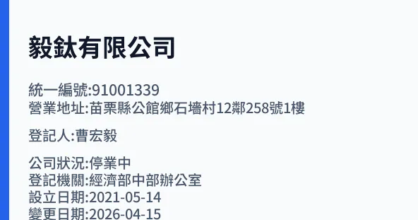 毅鈦有限公司的照片-統編 91001339(苗栗縣) 公司登記資料與營業項目詳細圖表