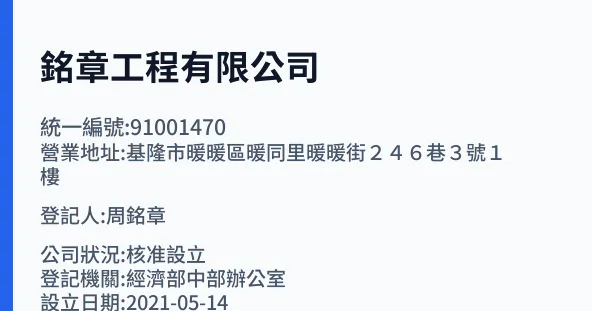 銘章工程有限公司的照片-統編 91001470(基隆市) 公司登記資料與營業項目詳細圖表