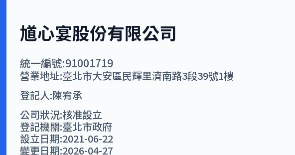 馗心宴股份有限公司的照片-統編 91001719(臺北市) 公司登記資料與營業項目詳細圖表