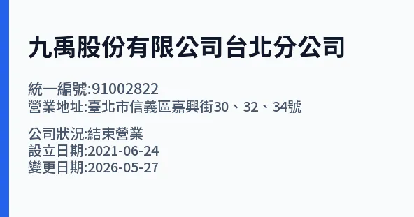 九禹股份有限公司台北分公司的照片-統編 91002822(臺北市) 公司登記資料與營業項目詳細圖表