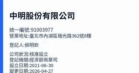 中明股份有限公司的照片-統編 91003977(臺北市) 公司登記資料與營業項目詳細圖表