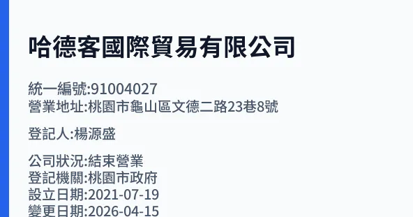 哈德客國際貿易有限公司的照片-統編 91004027(桃園市) 公司登記資料與營業項目詳細圖表