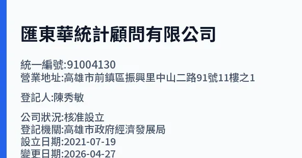 匯東華統計顧問有限公司的照片-統編 91004130(高雄市) 公司登記資料與營業項目詳細圖表