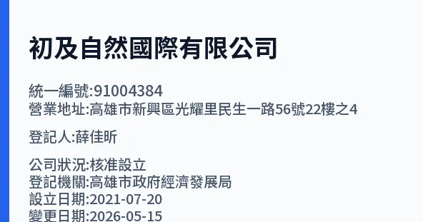 初及自然國際有限公司的照片-統編 91004384(高雄市) 公司登記資料與營業項目詳細圖表
