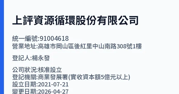 上評資源循環股份有限公司的照片-統編 91004618(高雄市) 公司登記資料與營業項目詳細圖表