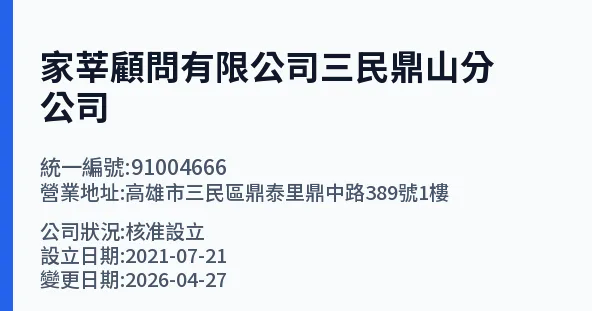 家莘顧問有限公司三民鼎山分公司的照片-統編 91004666(高雄市) 公司登記資料與營業項目詳細圖表