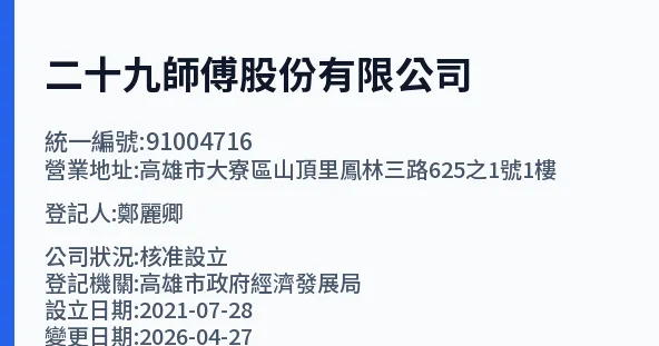 二十九師傅股份有限公司的照片-統編 91004716(高雄市) 公司登記資料與營業項目詳細圖表