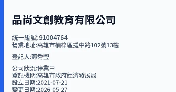品尚文創教育有限公司的照片-統編 91004764(高雄市) 公司登記資料與營業項目詳細圖表