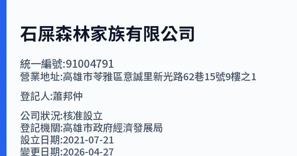 石屎森林家族有限公司的照片-統編 91004791(高雄市) 公司登記資料與營業項目詳細圖表
