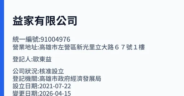 益家有限公司的照片-統編 91004976(高雄市) 公司登記資料與營業項目詳細圖表