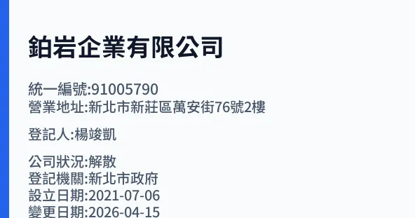 鉑岩企業有限公司的照片-統編 91005790(新北市) 公司登記資料與營業項目詳細圖表