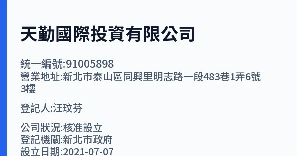 天勤國際投資有限公司的照片-統編 91005898(新北市) 公司登記資料與營業項目詳細圖表