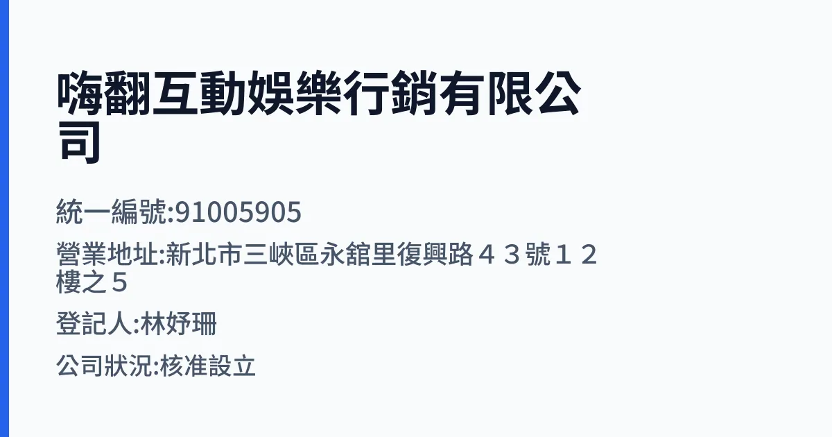 嗨翻互動娛樂行銷有限公司 - 統編 91005905(新北市) 公司登記資料與營業項目詳細圖表
