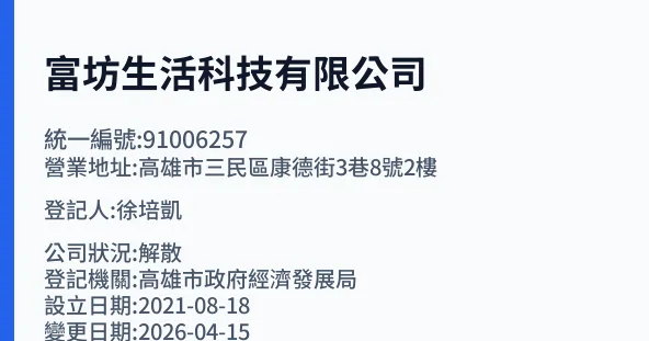 富坊生活科技有限公司的照片-統編 91006257(高雄市) 公司登記資料與營業項目詳細圖表