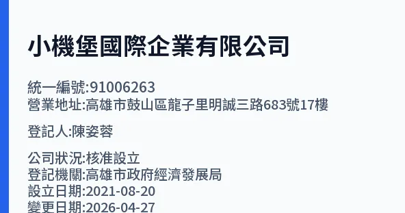 小機堡國際企業有限公司的照片-統編 91006263(高雄市) 公司登記資料與營業項目詳細圖表