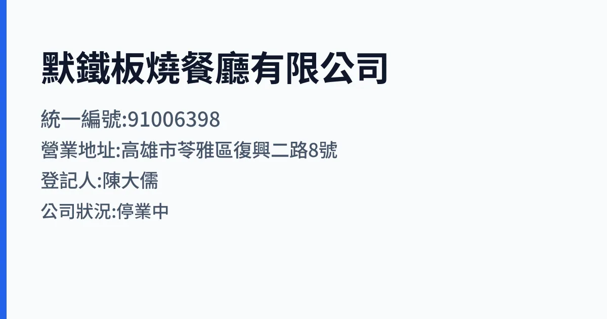 默鐵板燒餐廳有限公司 - 統編 91006398(高雄市) 公司登記資料與營業項目詳細圖表