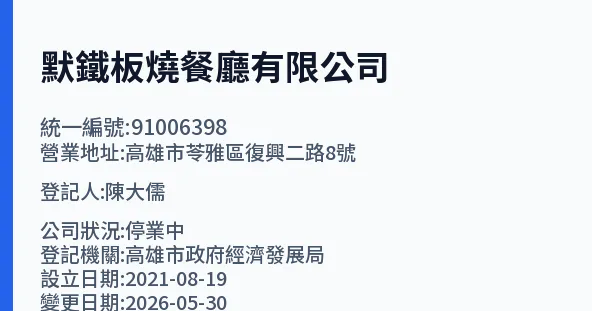 默鐵板燒餐廳有限公司的照片-統編 91006398(高雄市) 公司登記資料與營業項目詳細圖表