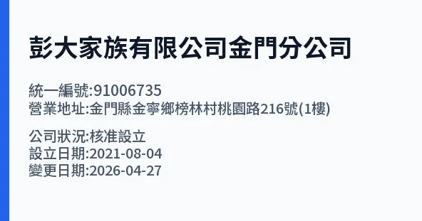 彭大家族有限公司金門分公司的照片-統編 91006735(金門縣) 公司登記資料與營業項目詳細圖表