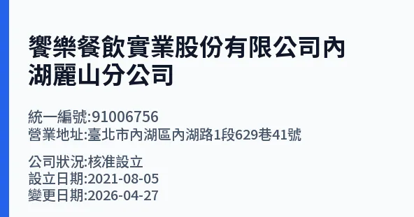 饗樂餐飲實業股份有限公司內湖麗山分公司的照片-統編 91006756(臺北市) 公司登記資料與營業項目詳細圖表