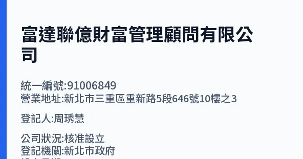 富達聯億財富管理顧問有限公司的照片-統編 91006849(新北市) 公司登記資料與營業項目詳細圖表