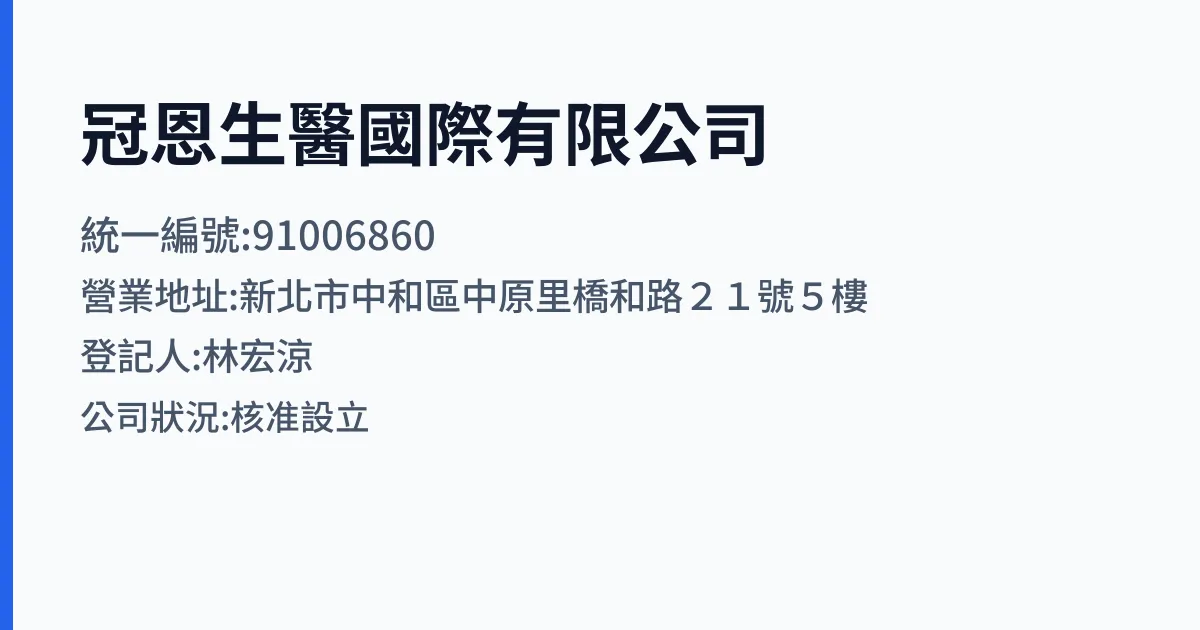 冠恩生醫國際有限公司 - 統編 91006860(新北市) 公司登記資料與營業項目詳細圖表