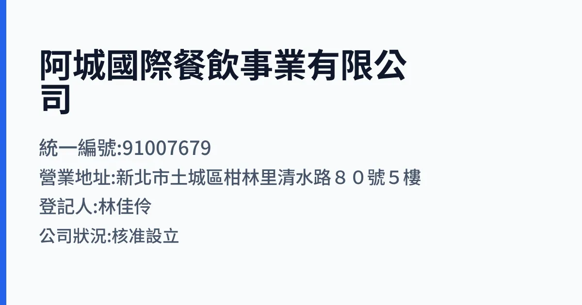 阿城國際餐飲事業有限公司 - 統編 91007679(新北市) 公司登記資料與營業項目詳細圖表