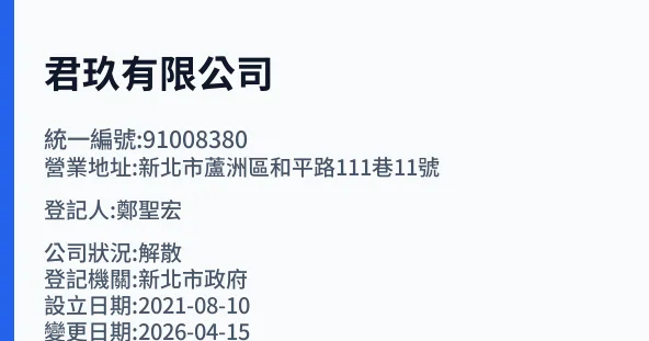 君玖有限公司的照片-統編 91008380(新北市) 公司登記資料與營業項目詳細圖表
