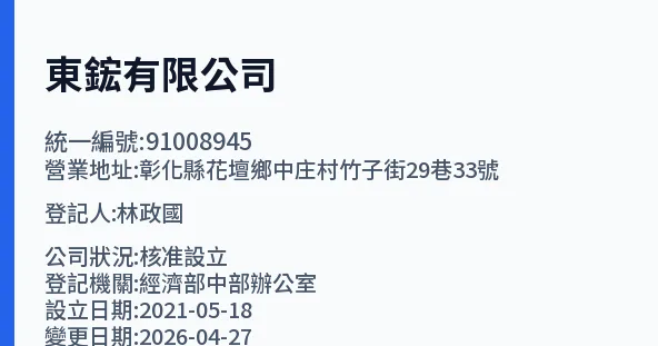 東鋐有限公司的照片-統編 91008945(彰化縣) 公司登記資料與營業項目詳細圖表