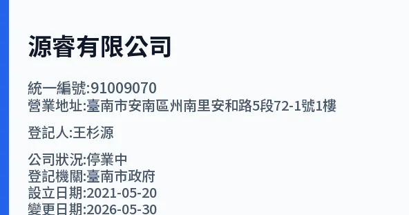 源睿有限公司的照片-統編 91009070(臺南市) 公司登記資料與營業項目詳細圖表