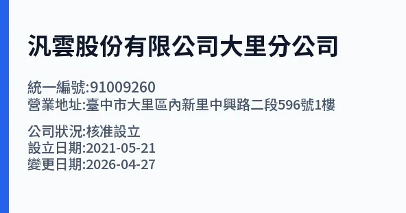 汎雲股份有限公司大里分公司的照片-統編 91009260(臺中市) 公司登記資料與營業項目詳細圖表