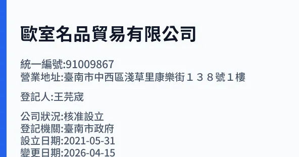 歐室名品貿易有限公司的照片-統編 91009867(臺南市) 公司登記資料與營業項目詳細圖表