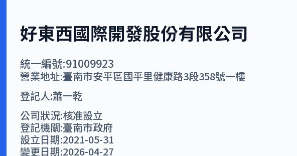 好東西國際開發股份有限公司的照片-統編 91009923(臺南市) 公司登記資料與營業項目詳細圖表