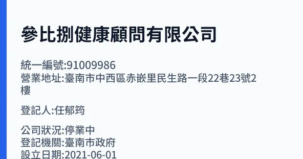 參比捌健康顧問有限公司的照片-統編 91009986(臺南市) 公司登記資料與營業項目詳細圖表