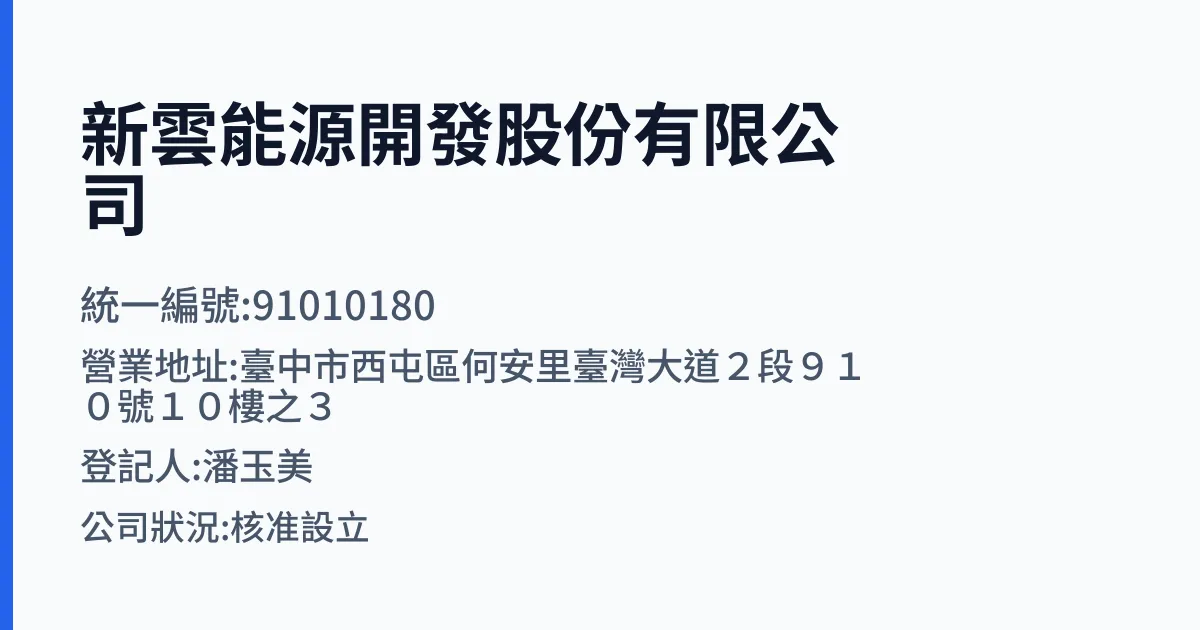 新雲能源開發股份有限公司 - 統編 91010180(臺中市) 公司登記資料與營業項目詳細圖表
