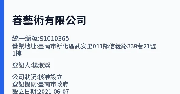 善藝術有限公司的照片-統編 91010365(臺南市) 公司登記資料與營業項目詳細圖表