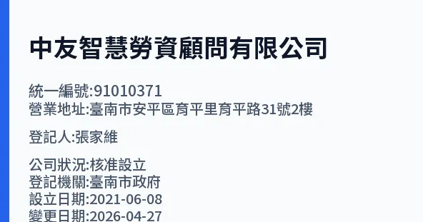 中友智慧勞資顧問有限公司的照片-統編 91010371(臺南市) 公司登記資料與營業項目詳細圖表