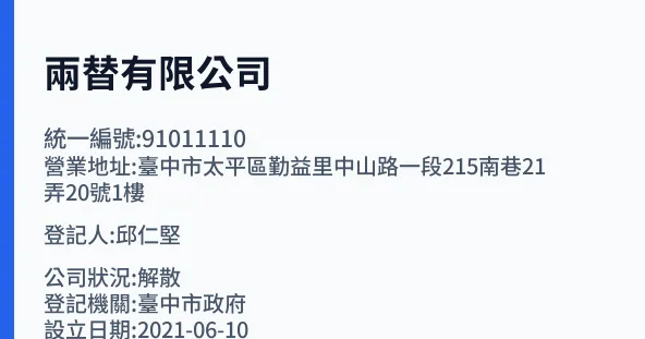 兩替有限公司的照片-統編 91011110(臺中市) 公司登記資料與營業項目詳細圖表