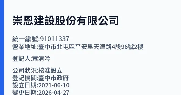 崇恩建設股份有限公司的照片-統編 91011337(臺中市) 公司登記資料與營業項目詳細圖表