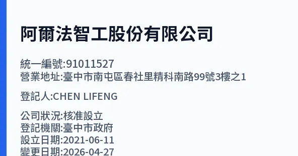 阿爾法智工股份有限公司的照片-統編 91011527(臺中市) 公司登記資料與營業項目詳細圖表