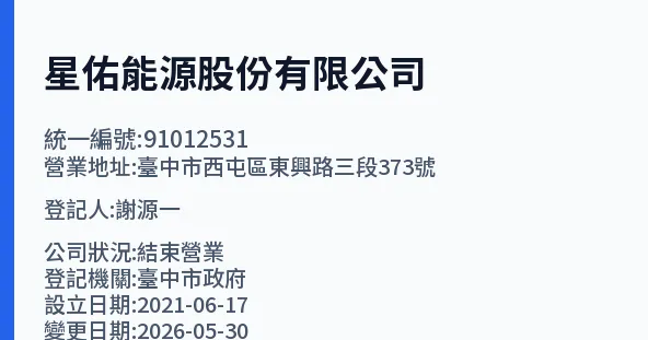 星佑能源股份有限公司的照片-統編 91012531(臺中市) 公司登記資料與營業項目詳細圖表