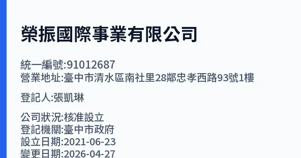 榮振國際事業有限公司的照片-統編 91012687(臺中市) 公司登記資料與營業項目詳細圖表