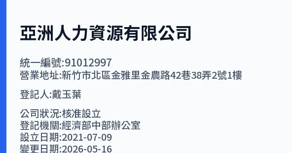 亞洲人力資源有限公司的照片-統編 91012997(新竹市) 公司登記資料與營業項目詳細圖表