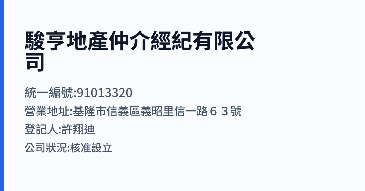 駿亨地產仲介經紀有限公司 - 統編 91013320（基隆市） 公司登記資料與營業項目詳細圖表