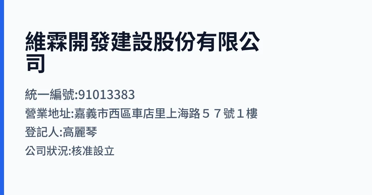 維霖開發建設股份有限公司 - 統編 91013383(嘉義市) 公司登記資料與營業項目詳細圖表