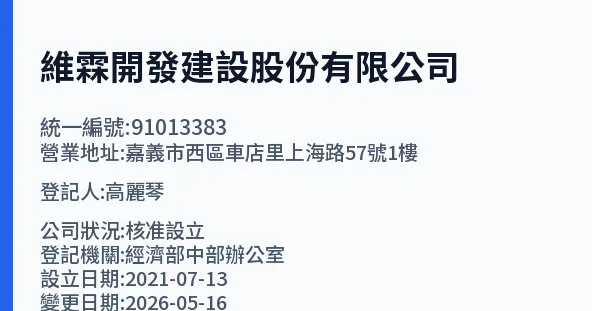 維霖開發建設股份有限公司的照片-統編 91013383(嘉義市) 公司登記資料與營業項目詳細圖表
