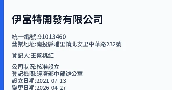 伊富特開發有限公司的照片-統編 91013460(南投縣) 公司登記資料與營業項目詳細圖表